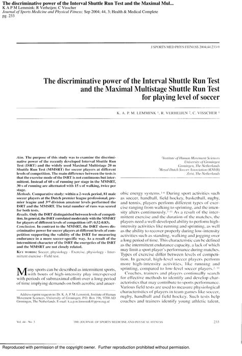 Pdf The Discriminative Power Of The Interval Shuttle Run Test And The