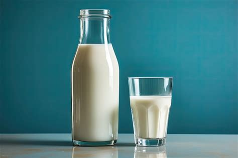 Leche Fresca De Granja En Vidrio Y Botella Sobre Fondo Azul