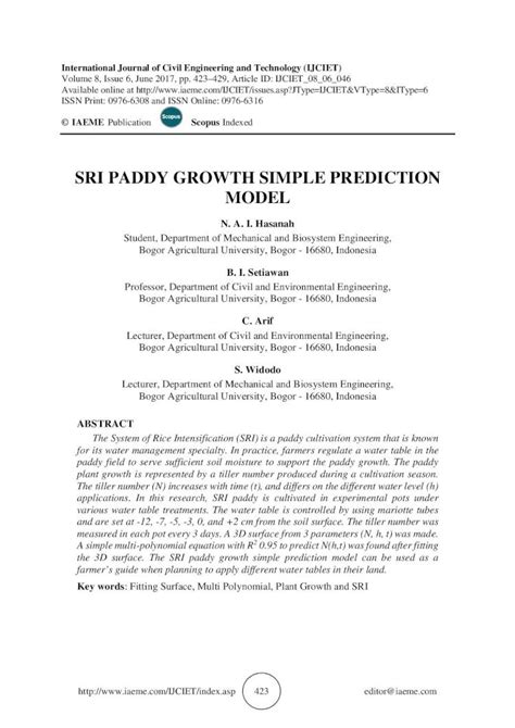Pdf Sri Paddy Growth Simple Prediction Model€¦ · Number Sri Plant Growth Prediction Function