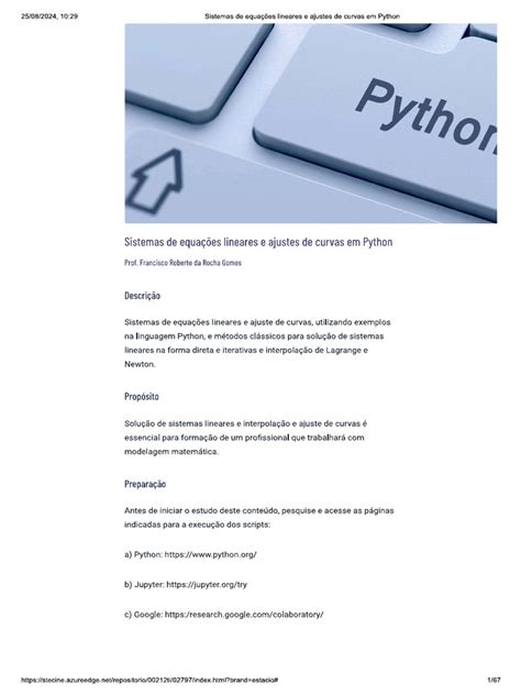 Sistemas De Equações Lineares E Ajuste De Curvas Em Python Pdf