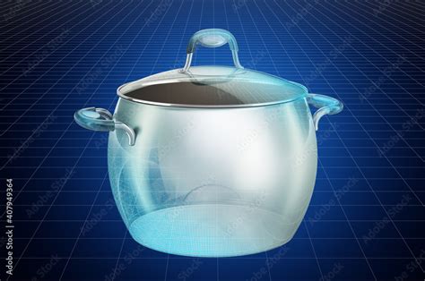Illustration Stock Visualization 3d Cad Model Of Steel Stock Pot With Glass Cover Blueprint 3d