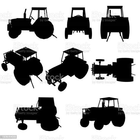 흰색 배경에 고립 된 다양한 위치에 트랙터의 실루엣으로 설정합니다 벡터 일러스트레이션 트랙터에 대한 스톡 벡터 아트 및 기타