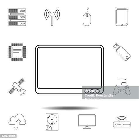 태블릿 아이콘을 사용할 수 있습니다 Ui 및 Ux 웹 사이트 또는 모바일 응용 프로그램에 대해 설정 된 기술 아이콘의 간단한 가느다란 선 개요 벡터 요소 0명에 대한 스톡