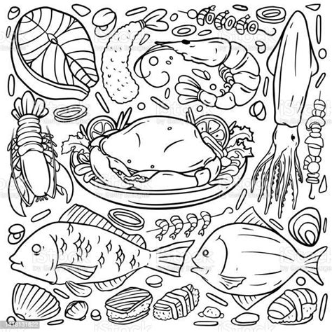 해산물 일러스트레이션 랍스터 게 굴 홍합 오징어 및 새우의 손으로 그린 세트 흰색 배경에 고립 된 해산물 낙서 벡터 일러스트 레이 션 갑각류에 대한 스톡 벡터 아트 및 기타