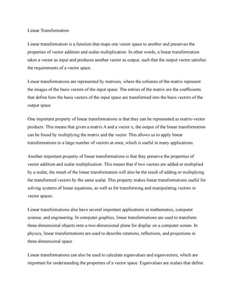 Linear Transformation Linear Transformation Linear Transformation Is