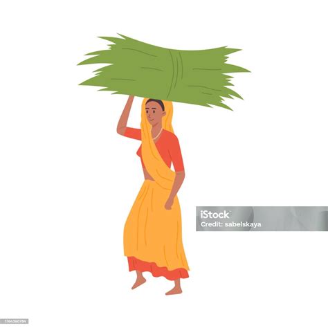 인도 농촌 여성 머리에 건초 더미를 가진 농부 밀 수확과 함께 전통적으로 옷을 입은 인도 여자 벡터 건초더미에 대한 스톡 벡터 아트 및 기타 이미지 Istock
