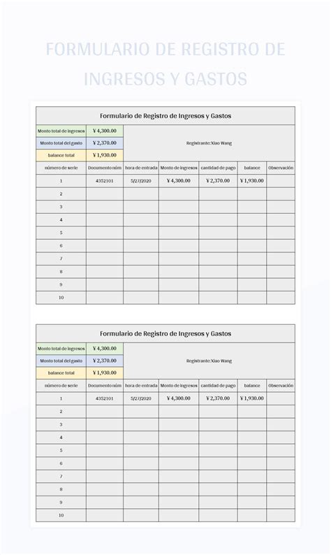 Plantilla De Excel Formulario De Registro De Ingresos Y Gastos Y Hoja