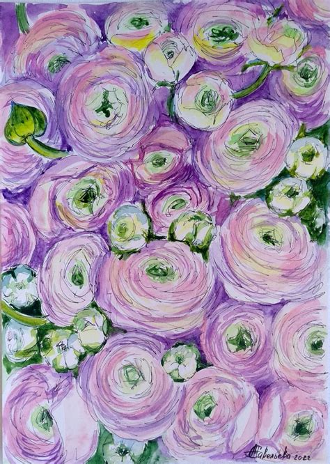 Акварель нежная картина с цветами А4 ранункулюсы в интернет магазине Ярмарка Мастеров по цене