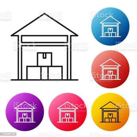 흰색 배경에 격리 된 검은 색 선 창고 아이콘입니다 아이콘 다채로운 원 버튼을 설정합니다 벡터 일러스트레이션 0명에 대한 스톡 벡터 아트 및 기타 이미지 Istock