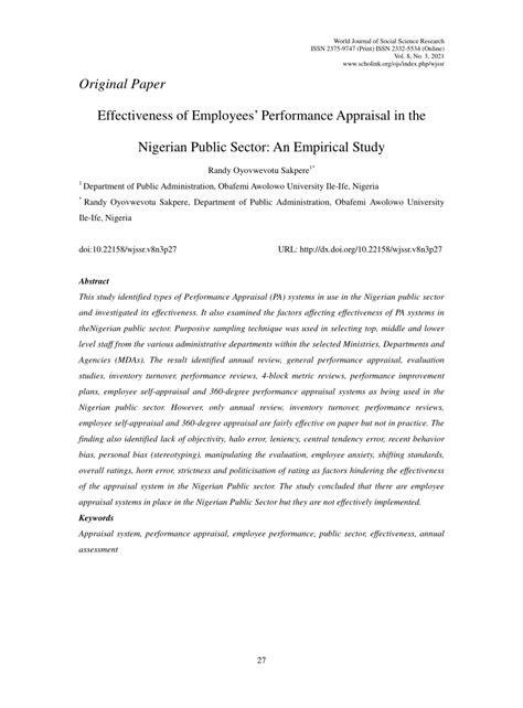 Pdf Effectiveness Of Employees Performance Appraisal In The Nigerian Public Sector An