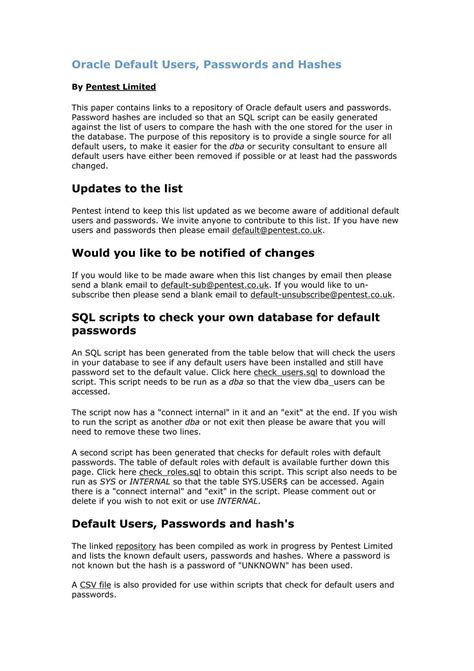 Oracle Default User And Password List Pentest Limited