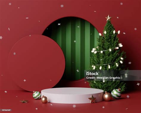 3d 크리스마스 트리 연단입니다 사실적인 3d 디자인 무대 연단 장식 축제 요소 유리 값싼 물건 공 크리스마스 휴일 템플릿 연단입니다 모던 양식에 대한 스톡 사진 및 기타