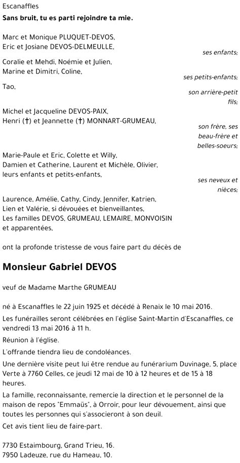 Avis De Décès De Gabriel Devos Décédé Le 10052016 à Ronse Annonce