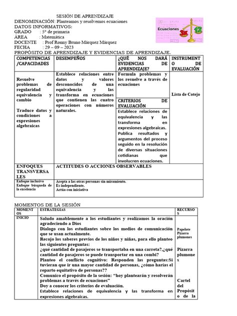 SesiÓn De Aprendizajeresolvemos Ecuaciones Pdf Ecuaciones Aprendizaje