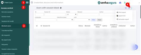 how to access users with session block report pam core senhasegura