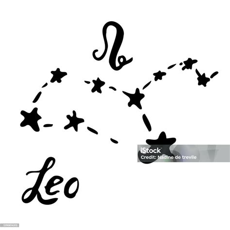 레오의 별자리 벡터 그림입니다 흰색 배경에 손으로 그려진 조디악 기호 기호 및 서예 이름 낙서 스타일 별자리 엽서 및 점성술 책 계절에 대한 스톡 벡터 아트 및 기타 이미지
