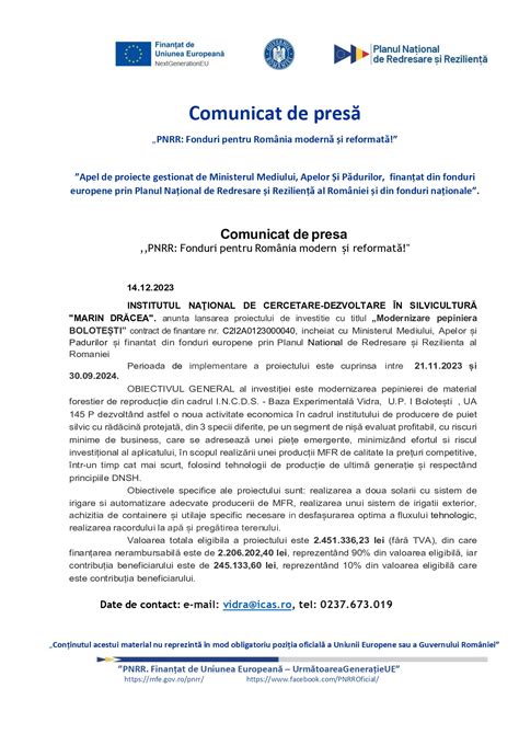 Comunicat De Presă Institutul Național De Cercetare Dezvoltare în
