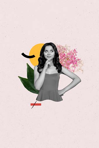 콜라주 그림 이미지 사랑스러운 꿈꾸는 여자 손 터치 턱 흠 그리기 배경에 고립 된 창조적 인 아이디어 20 24세에 대한 스톡 사진 및 기타 이미지 Istock