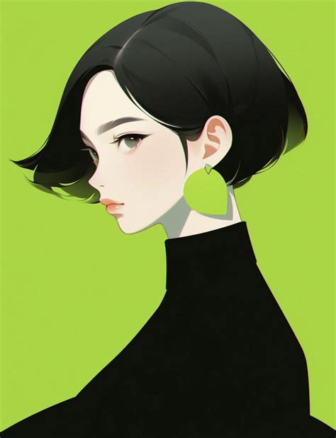 美丽中国女孩的肖像 黑 短发戴眼镜 草绿色 背景戴着蝴蝶耳环纯色面部特写侧视图几何图 又笨又聪明的一颗豆的文本出图