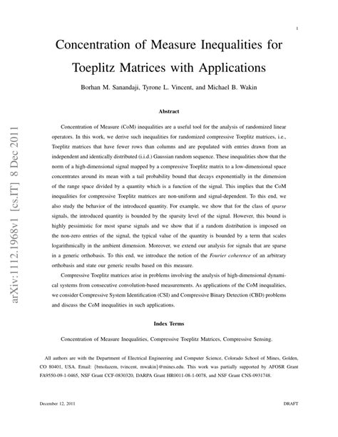 Pdf Concentration Of Measure Inequalities For Toeplitz Matrices With Applications