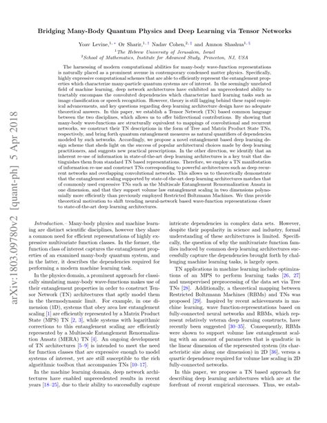Pdf Bridging Many Body Quantum Physics And Deep Learning Via Tensor Networks