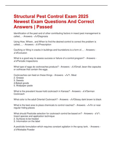 Structural Pest Control Exam 2025 Newest Exam Questions And Correct Answers Passed