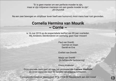 Cornelia Hermina Corrie Van Mourik 16 05 2019 Overlijdensbericht En