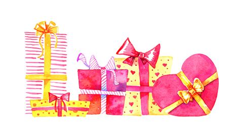 선물 상자의 그룹입니다 손으로 그린 수채화 만화 스케치 그림입니다 빨간색과 노란색 상자 광장과 심장 모양 상자에 대한 스톡 벡터