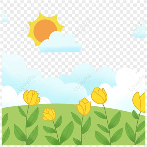 태양과 꽃 일러스트 봄 시즌 구름 후 풍경경치풀밭