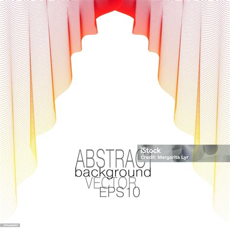 밝은 빨간색 노란색 실크 직물은 우아한 주름에 매달려 있습니다 얇은 경량 흐르는 직물 흰색 배경에 여러 가지 빛깔의 드레이프 베일 극장 커튼 개념 라인 아트 디자인 벡터