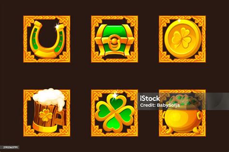 세인트 패트릭 데이 게임 슬롯 인사말 카드 스티커 또는 인쇄를 위한 녹색황금 아이콘 6 개의 아이콘 클로버 황금 동전 가마솥 맥주 머그잔 녹색 상자 동전 및 말굽 0명에
