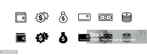 돈 아이콘 세트 선형 돈 수집 지갑 아이콘 달러 가방 은행 카드 달러 지폐 동전이 있는 장비 벡터 아이콘 지불 카드에 대한 스톡 벡터 아트 및 기타 이미지 Istock