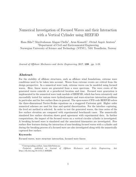 Pdf Numerical Investigation Of Focused Waves And Their Interaction With A Vertical Cylinder