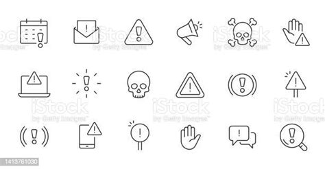 경고 위험 기호 줄 아이콘 집합입니다 주의 경고 느낌표가 얇게 편집 가능한 선 획 아이콘입니다 경고 정보 사고 알림 두개골에 대한 스톡 벡터 아트 및 기타 이미지 Istock