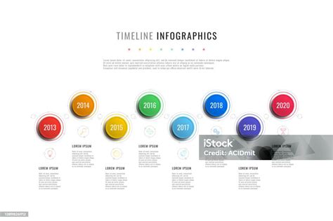흰색 배경에 둥근 요소 연도 표시기 및 텍스트 상자가 있는 수평 타임라인 인포그래픽입니다 사실적인 3d 용지 컷 디자인 현대 벡터 회사 프리젠 테이션 슬라이드 템플릿 0명에