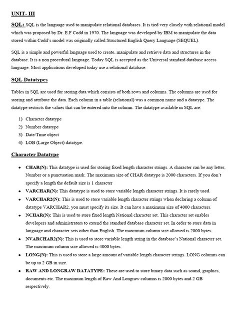 Sql Unit Iii Pdf Relational Database Data Type