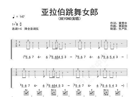 亚拉伯跳舞女郎吉他谱 BEYOND 进阶B大调摇滚 弹唱谱 吉他谱中国