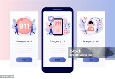 911 긴급 전화 구급차 서비스 보조 관리자 온라인 핫라인 콜센터 모바일 스마트폰 앱을 위한 화면 템플릿입니다 현대 평면 만화 스타일입니다 벡터 그림 개념에 대한 스톡 벡터