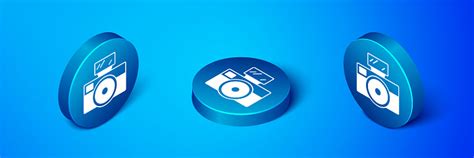 파란색 배경에 격리 된 조명 플래시 아이콘이있는 등색 사진 카메라 포토 카메라 디지털 사진 파란색 원 버튼입니다 벡터 3차원 형태에 대한 스톡 벡터 아트 및 기타 이미지