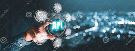 Man Presses Button On Touch Screen Interface And Select Api Icon Stock