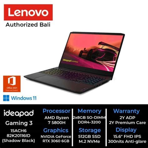 Promo LENOVO Laptop Gaming 3 15ACH6 AMD Ryzen 7 16GB RAM 512GB SSD RTX 3060 15 6 FHD