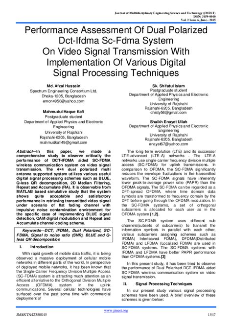 Performance Assessment Of Dual Polarized Dct Ifdma Sc Fdma System On Video Signal Transmission