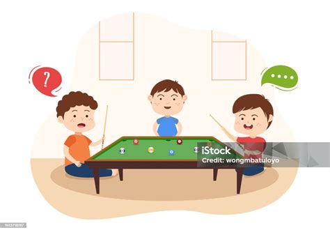 당구 게임 손으로 그린 만화 플랫 일러스트 레이 션 스틱이있는 어린이 플레이어 당구장 스포츠 클럽의 당구공을 목표로하는 큐 Championship에 대한 스톡 벡터 아트 및