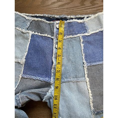 Y2k Womens 34 Button Fly Patchwork High Rise Flare Denim Blue Jeans