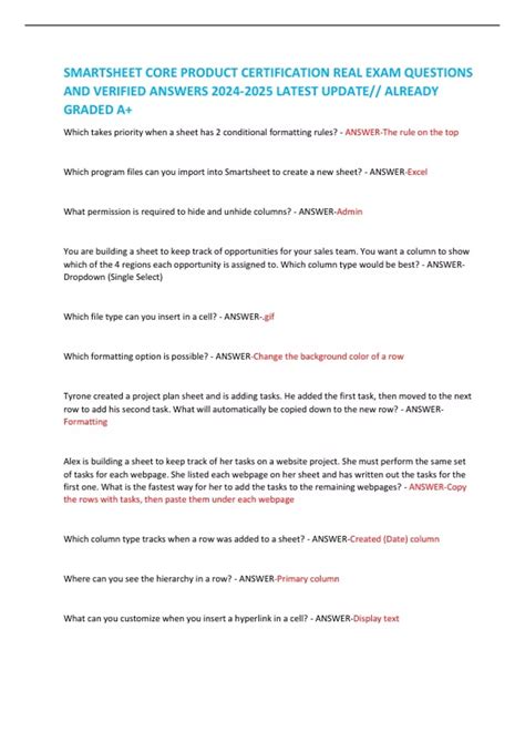 Smartsheet Core Product Certification Real Exam Questions And Verified Answers Latest Update