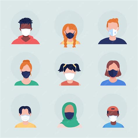 일회용 의료 마스크 세미 플랫 컬러 벡터 캐릭터 아바타 세트 전면 보기에서 인공 호흡기와 초상화입니다 그래픽 디자인 및 애니메이션 팩을 위한 격리된 현대 만화 스타일