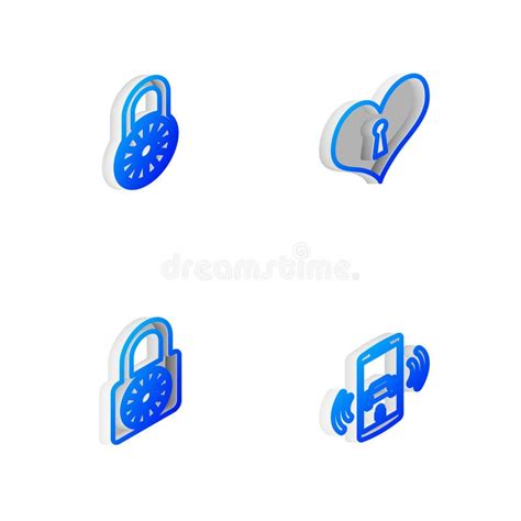 Set Isometric Line Heart With Keyhole Safe Combination Lock Wheel And Smart Car Alarm System