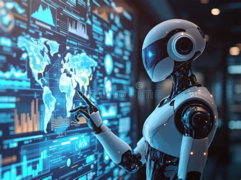 The Android Robot Interacts With Digital Data In The Futuristic Room Stock Image Image Of