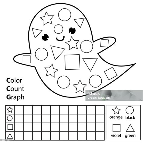 색상 개수 및 그래프 교육 어린이 게임 색상 할로윈 귀여운 유령과 계산 모양 어린이와 유아를위한 인쇄 워크 시트 벡터에 대한