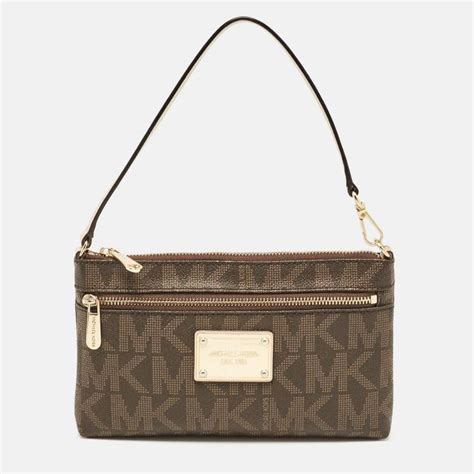 Michael Kors Dark Brown Signature Coated Canvas And Leather Wristlet